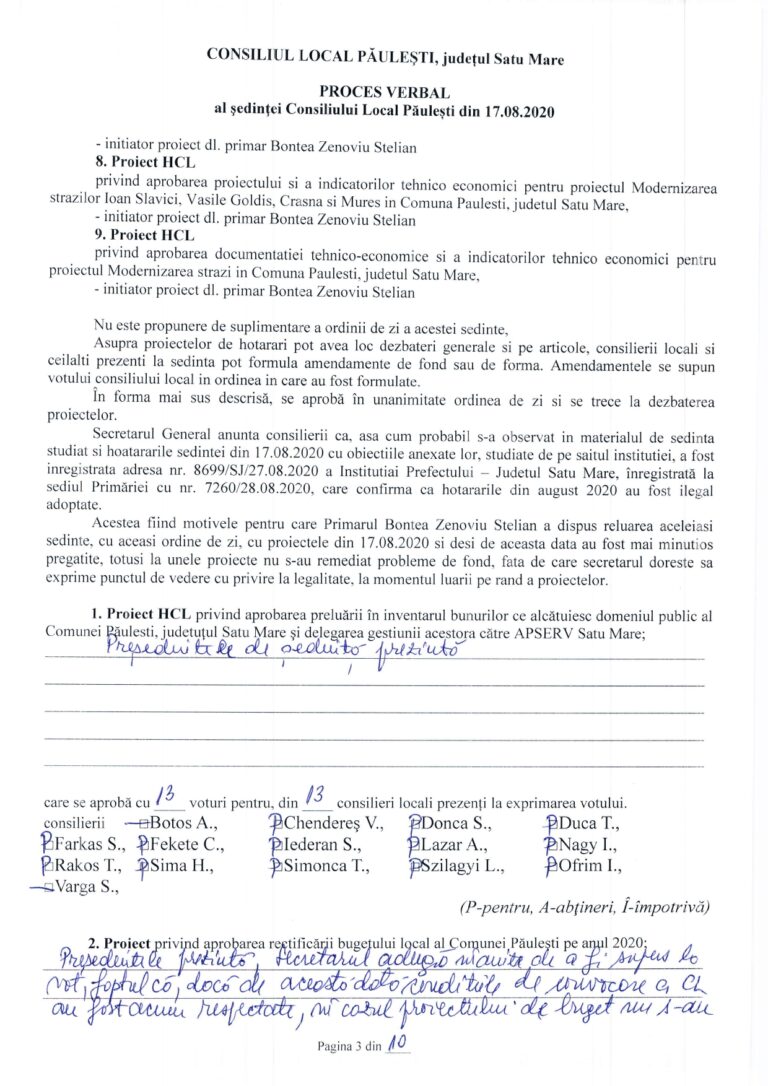 Proces verbal sedinta CL 01.09.2020 | Primăria Păuleşti - Satu Mare